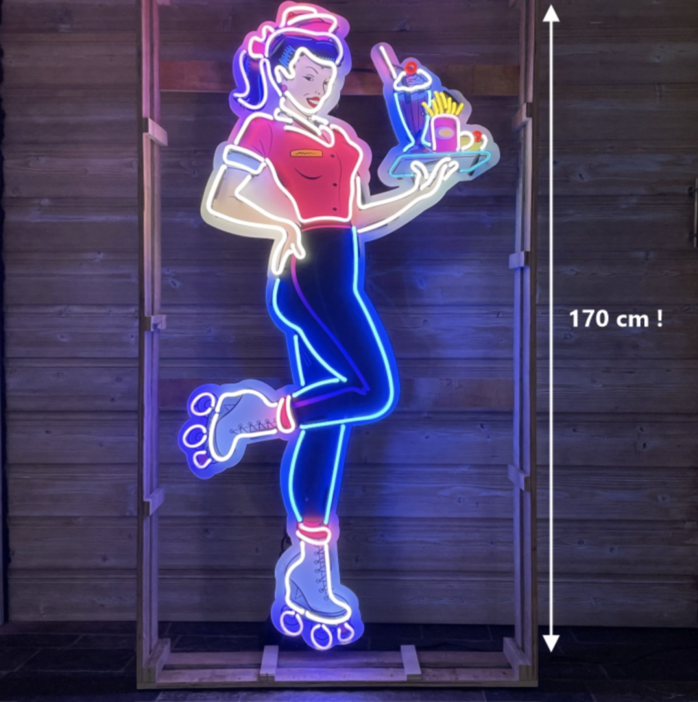 Enseigne néon Serveuse en patin à roulettes des années 50